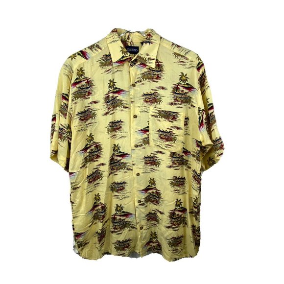 Puritan | Shirts | Puritan Mens M Hawaiian Aloha Camp Shirt Yellow Retro Print Canoes Palm Trees ...
